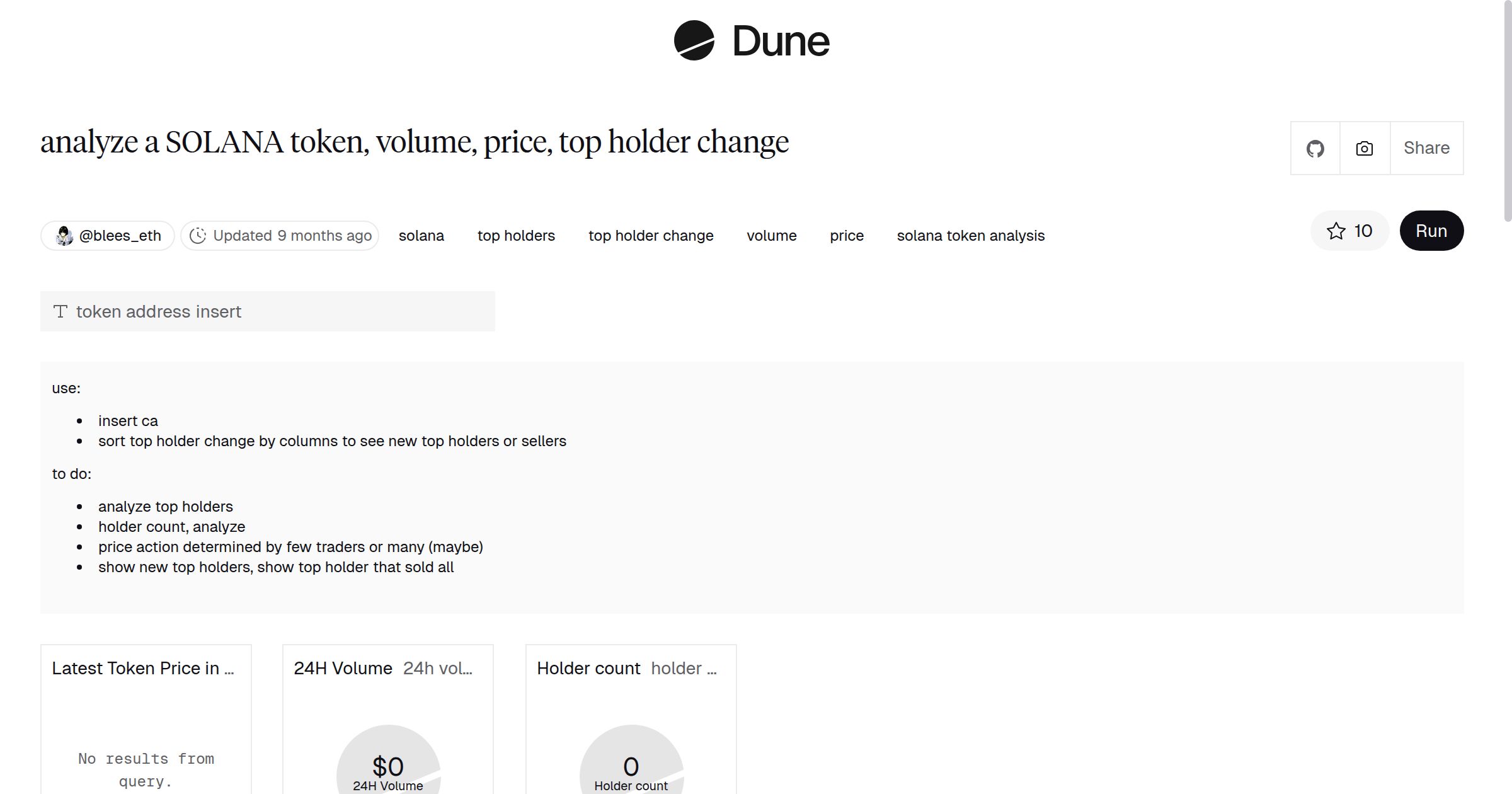 analyze a SOLANA token, volume, price, top holder change