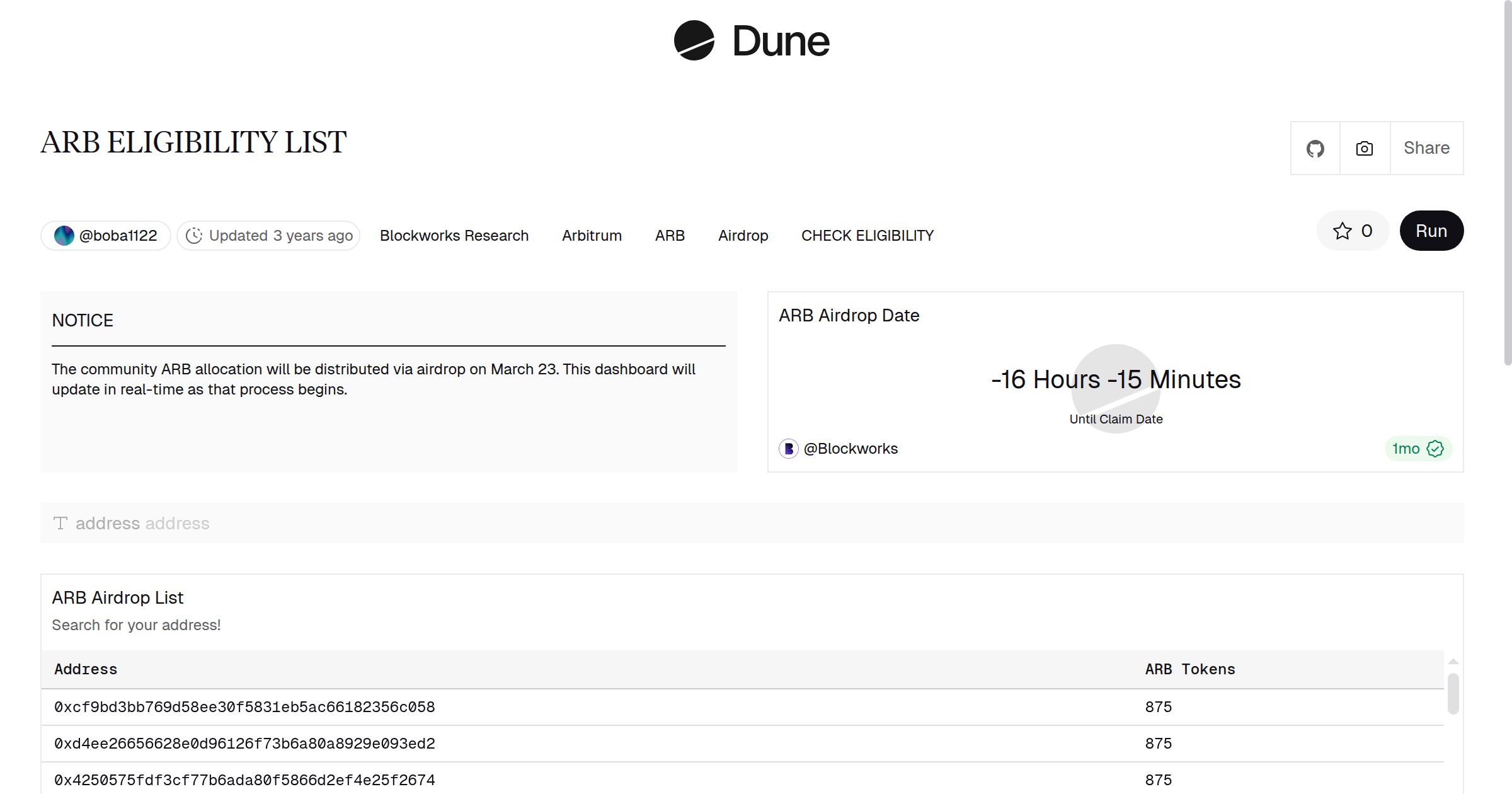 ARB ELIGIBILITY LIST