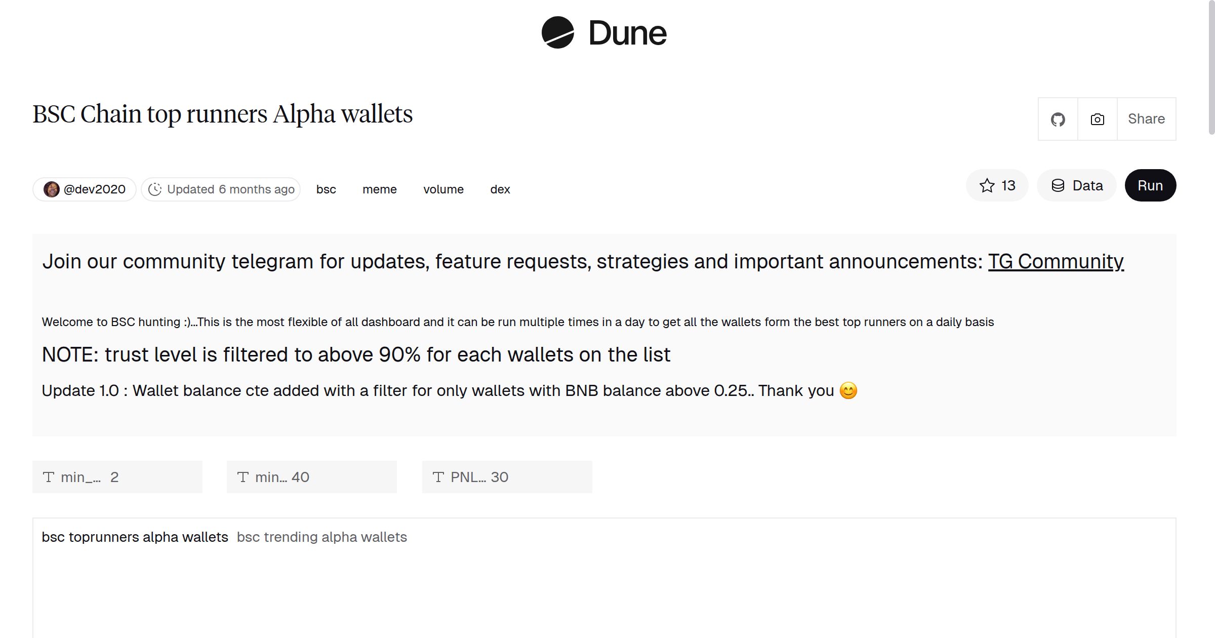 BSC Chain top runners Alpha wallets | Dune