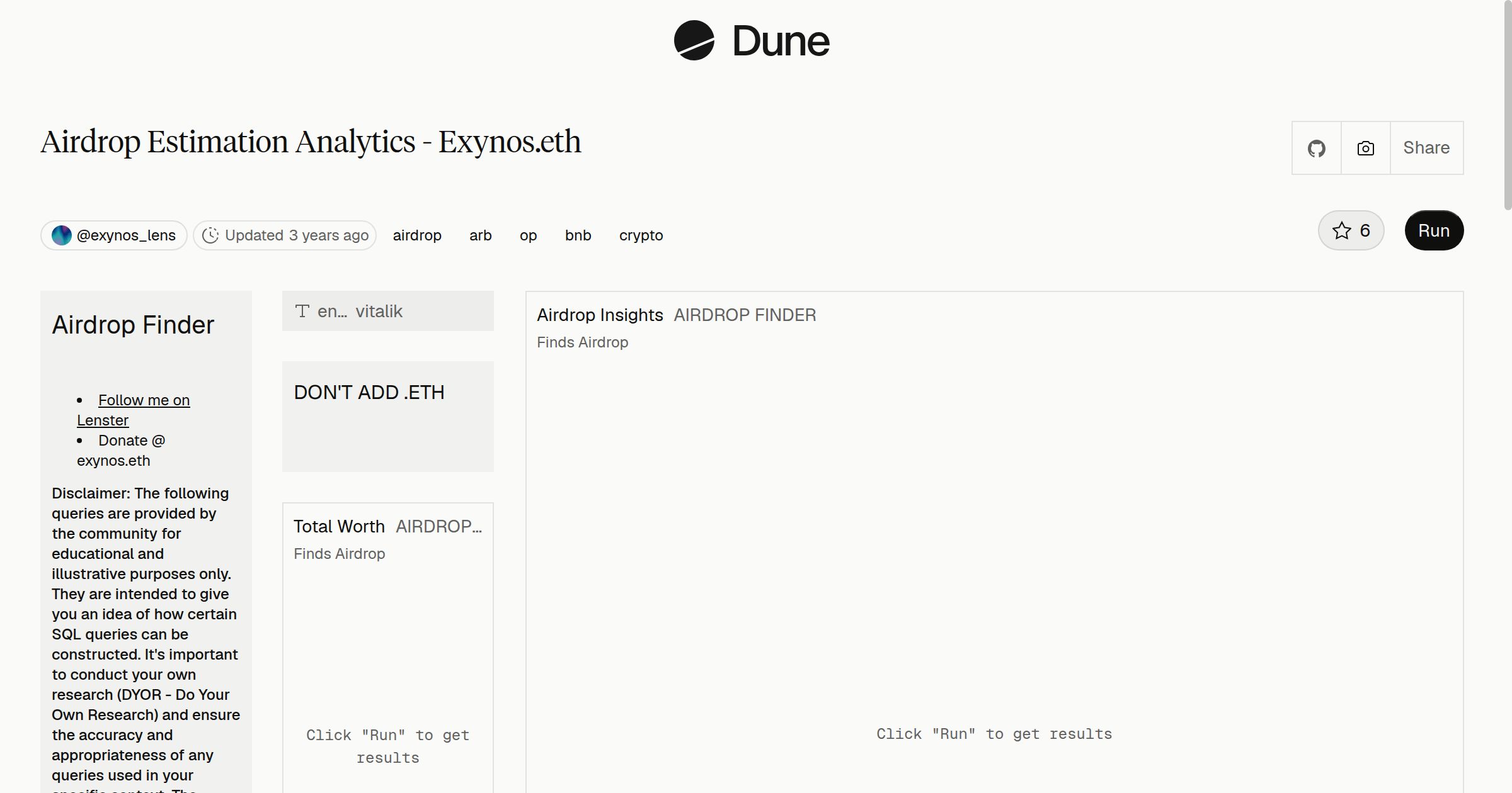 Airdrop Estimation Analytics - Exynos.eth | Dune