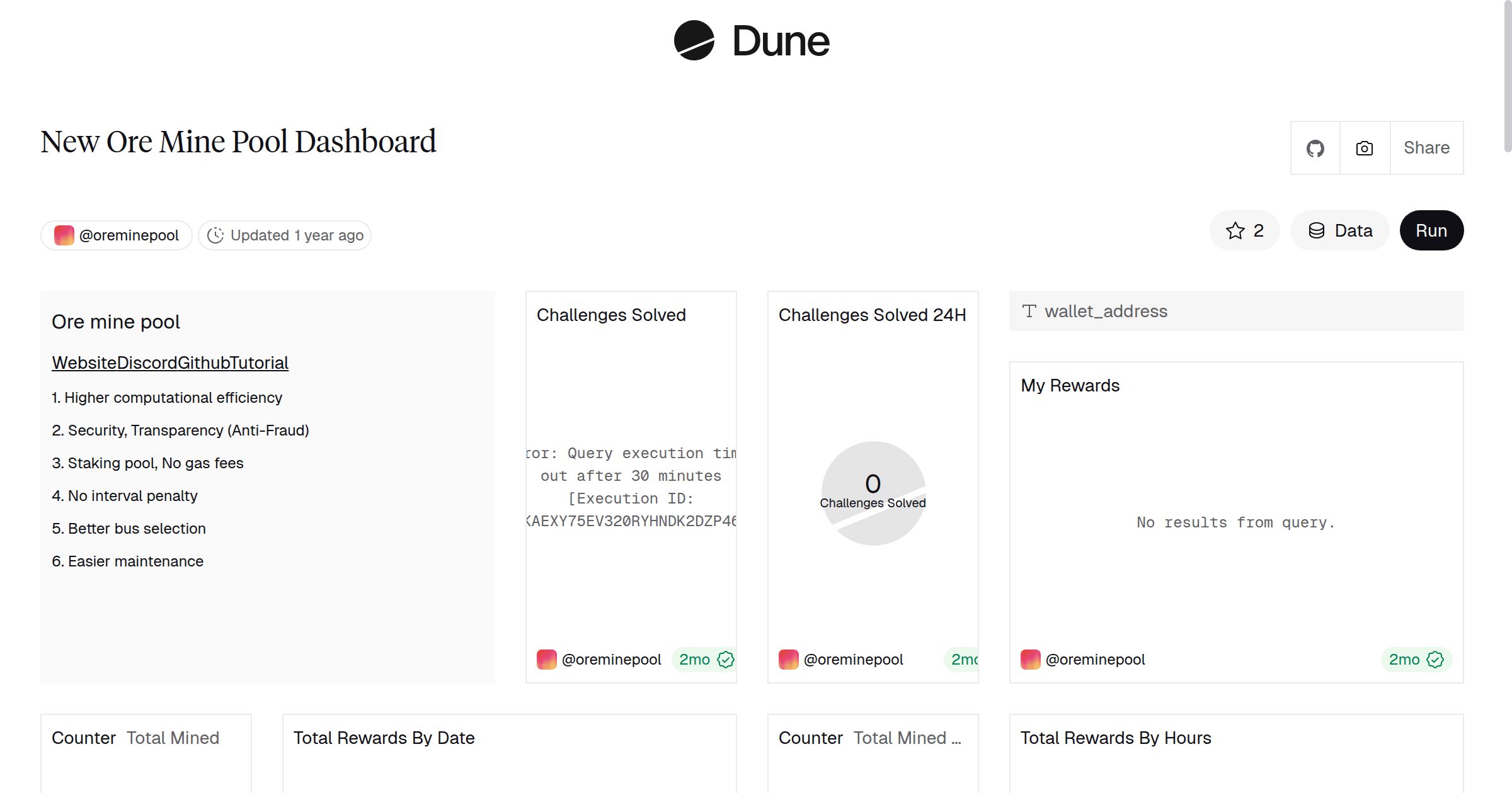 New Ore Mine Pool Dashboard