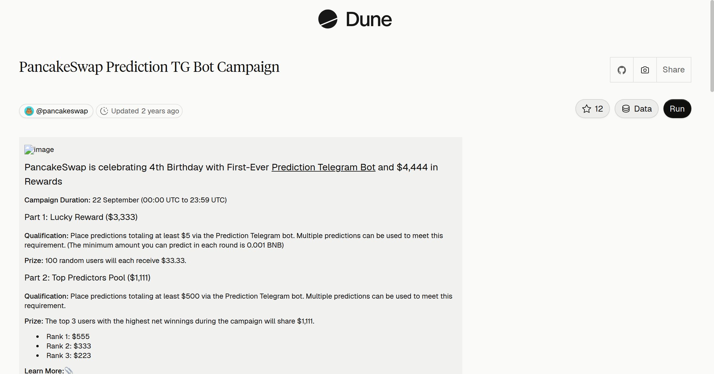 PancakeSwap Prediction TG Bot Campaign | Dune