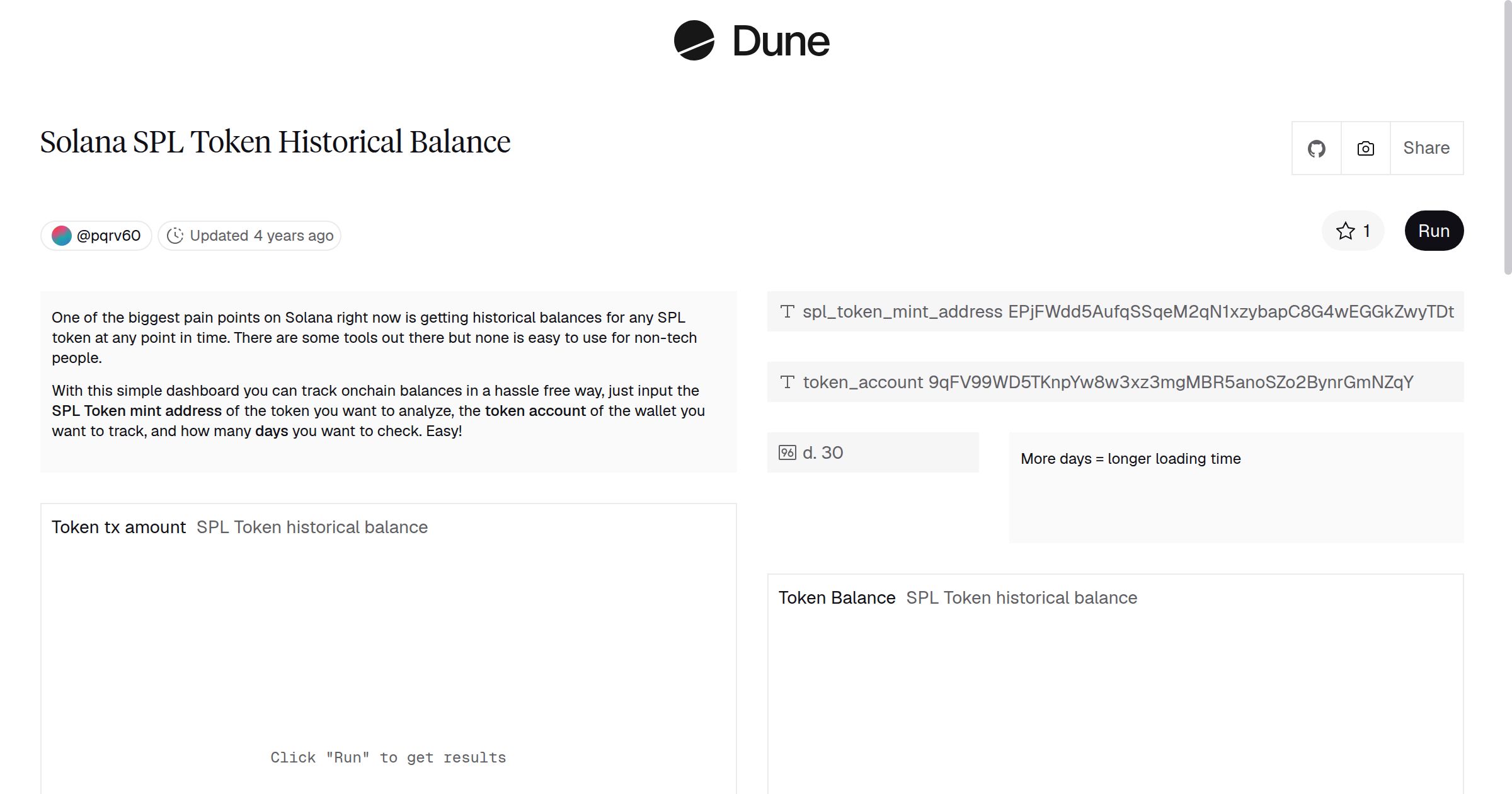 Solana SPL Token Historical Balance | Dune