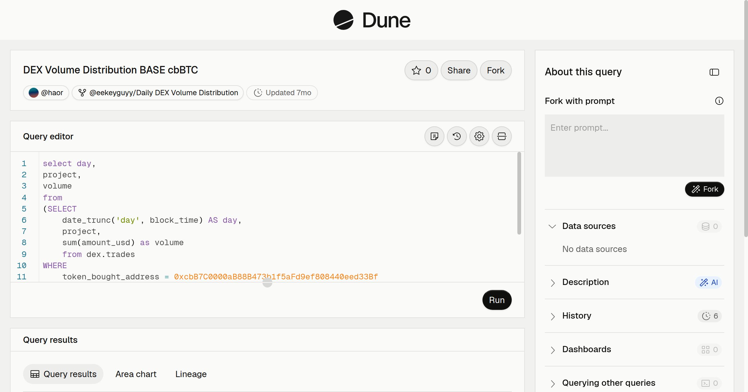 DEX Volume Distribution BASE cbBTC | Dune