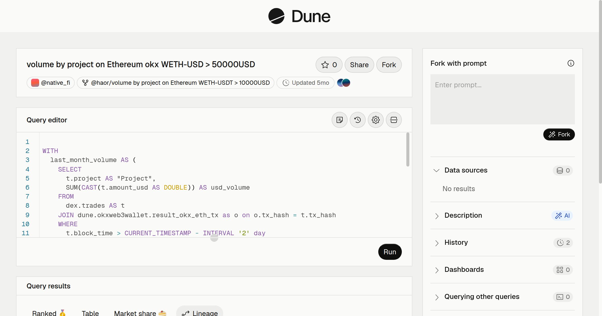 volume by project on Ethereum okx WETH-USD > 50000USD | Dune