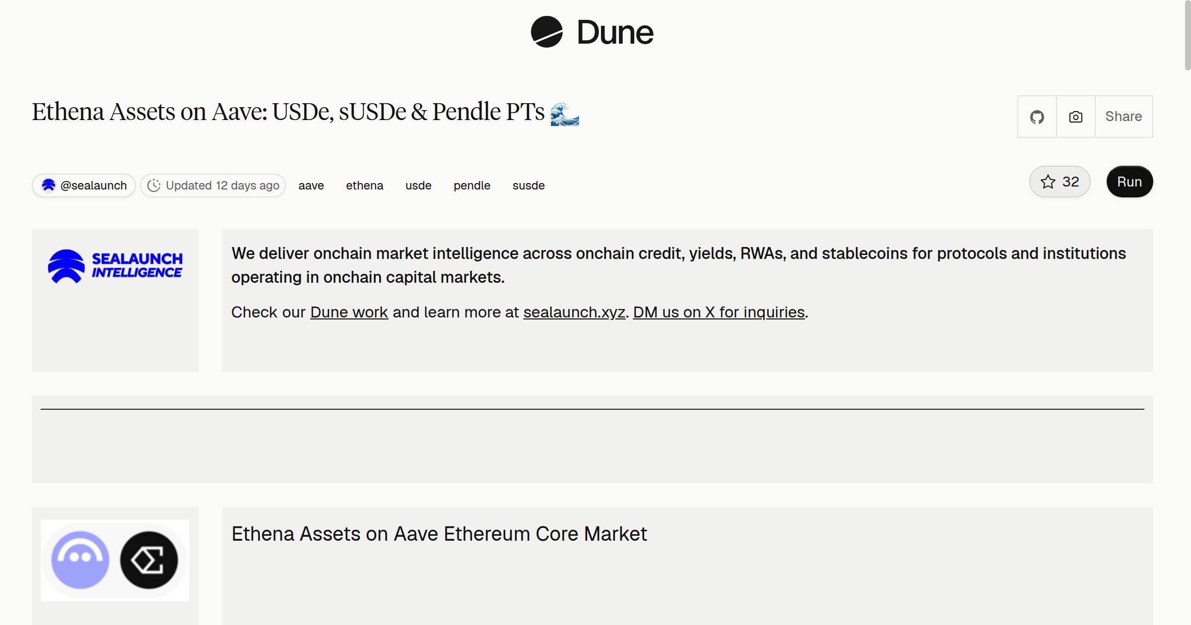 Ethena Assets on Aave: USDe, sUSDe & Pendle PTs 🌊 | Dune