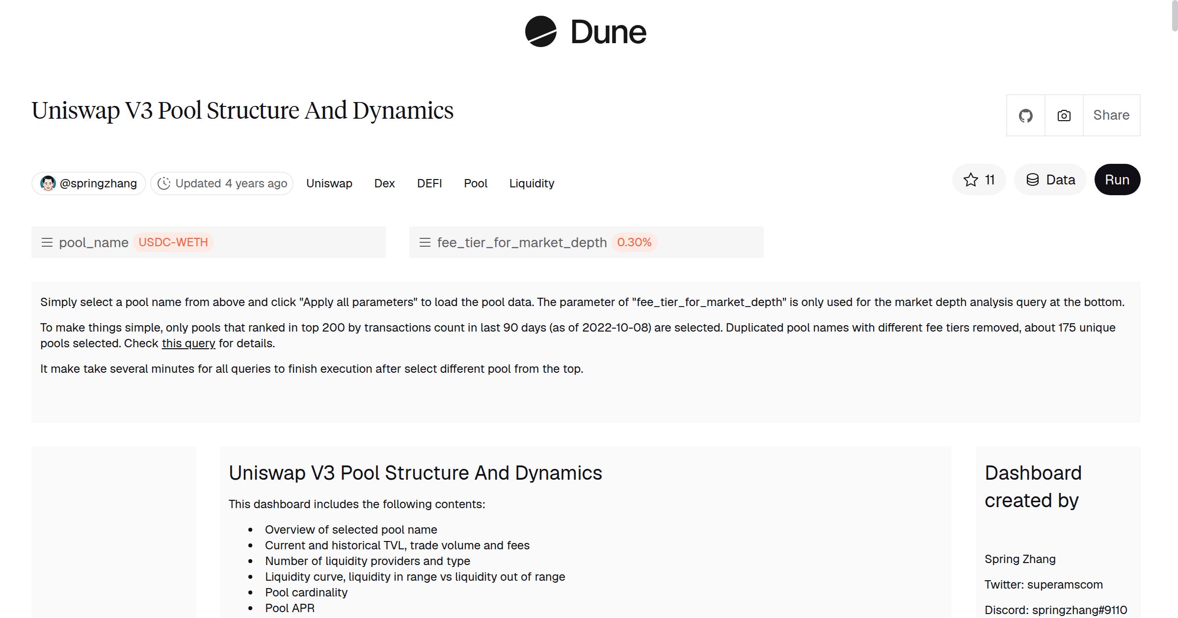 Uniswap V3 Pool Structure And Dynamics | Dune