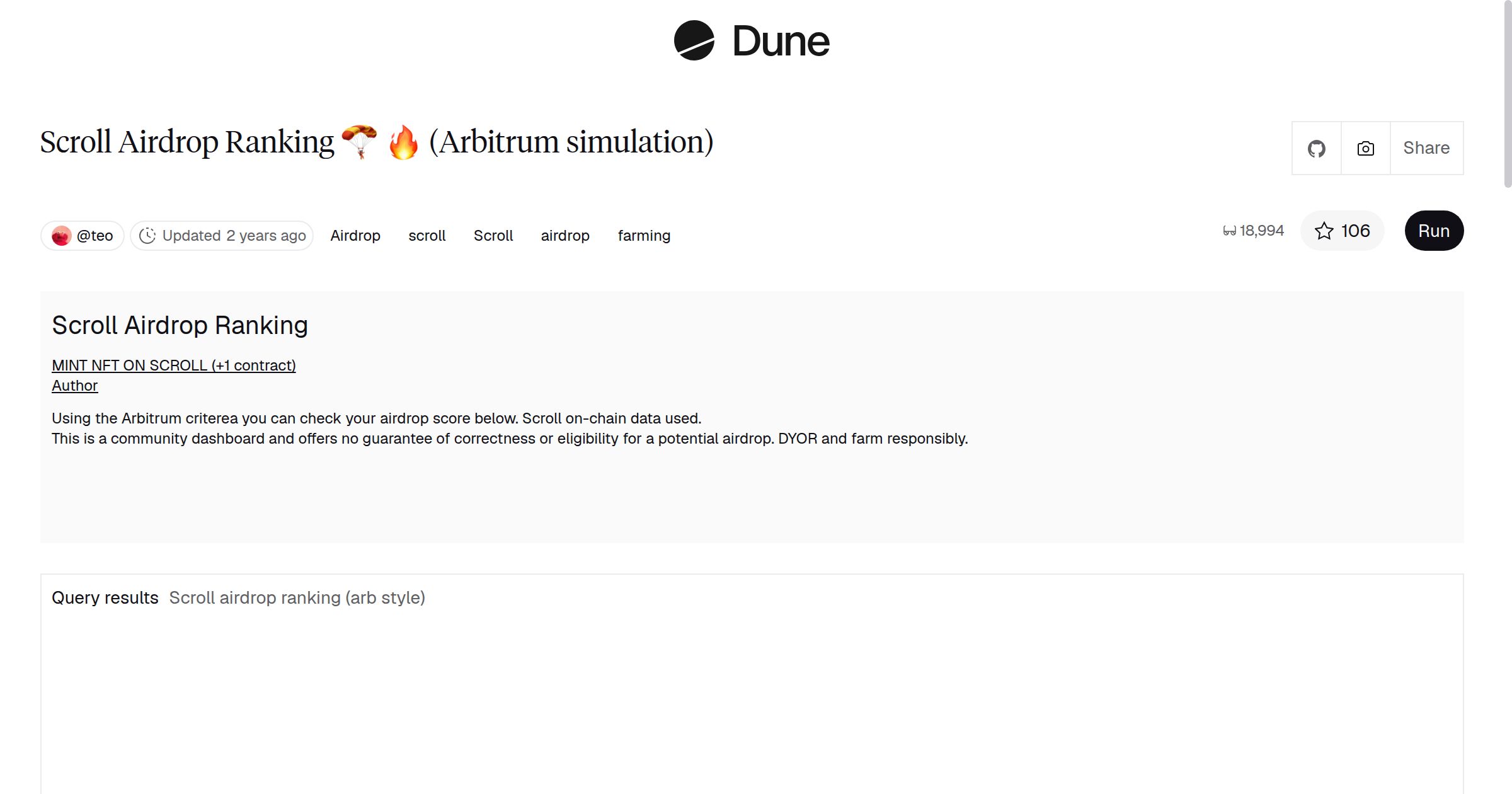 Scroll Airdrop Ranking 🪂 🔥 (Arbitrum simulation) | Dune
